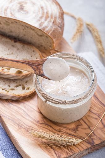 신선한 수제 거품 사워 도우 스타터 물과 밀가루의 발효 혼합물은 나무 테이블에 빵 굽기 용 누룩으로 사용 건강한 식생활에 대한 스톡 사진 및 기타 이미지 Istock