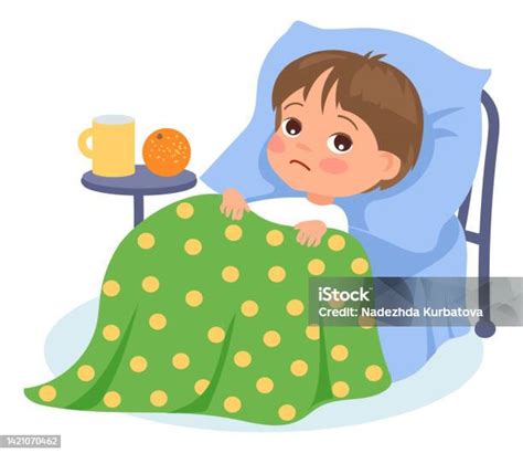 아픈 아이 어린이 질병 부상 및 질병 담요 아래 침대에 누워있는 아픈 소년 추위와 발열 몸이 불편한 아기 환자 치료 병든 십대 바이러스 감염 벡터 일러스트 레이 션 병원에