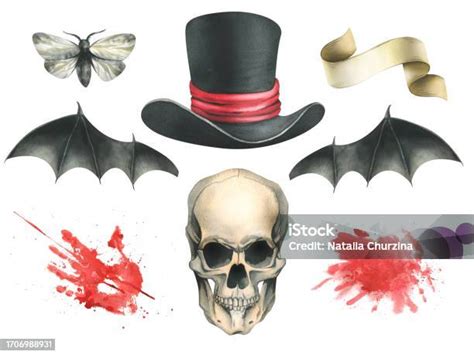 검은 박쥐 날개를 가진 인간 두개골의 정면보기 죽음의 날과 할로윈 휴일을 위한 핏자국과 종이 두루마리가 있는 모자 수채화 그림 손으로 그린 요소 집합 갈고리 발톱에 대한