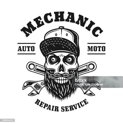 역학 두개골과 흰색 배경에 고립 된 흑백 빈티지 스타일의 조정 렌치 벡터 엠블럼 라벨 배지 또는 로고를 교차 기계공에 대한 스톡