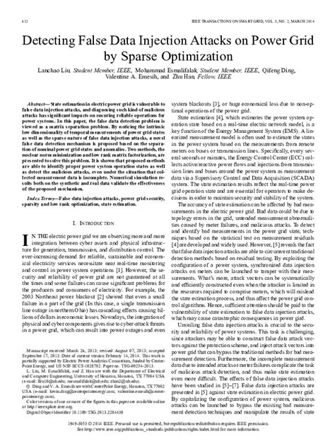 Pdf Detecting False Data Injection Attacks On Power Grid By Sparse Optimization