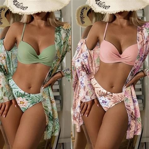 Customize Beach Swimming Dating Bikini Sex Beautiful Back Three Piece Screen Cardigan Split