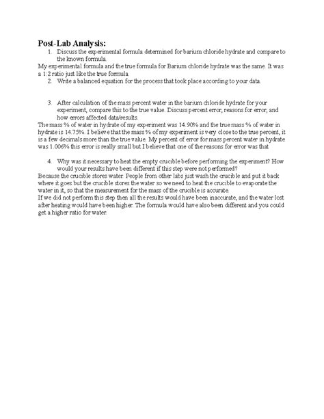 Chem 1 Chapter 3 Post Lab Post Lab Analysis Discuss The
