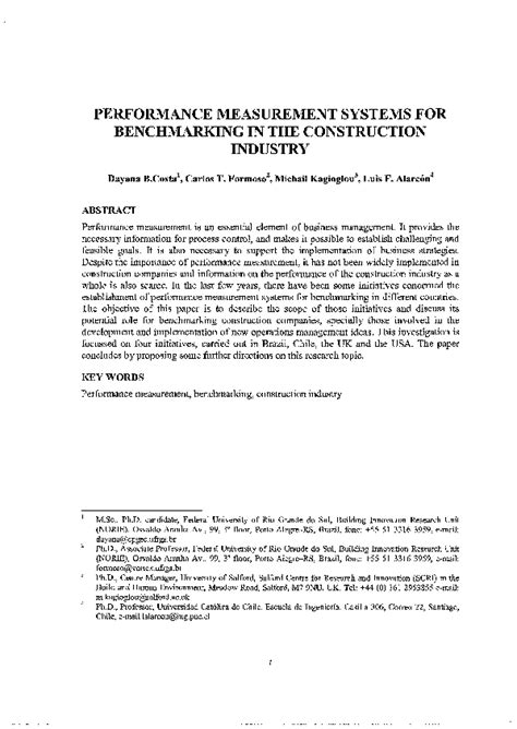 Pdf Performance Measurement Systems For Benchmarking In The Construction Industry