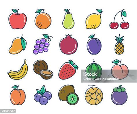 ไอคอนเส้นผลไม้ตั้งค่าเวกเตอร์แยก ภาพประกอบสต็อก ดาวน์โหลดรูปภาพตอนนี้ กลุ่ม คำอธิบาย