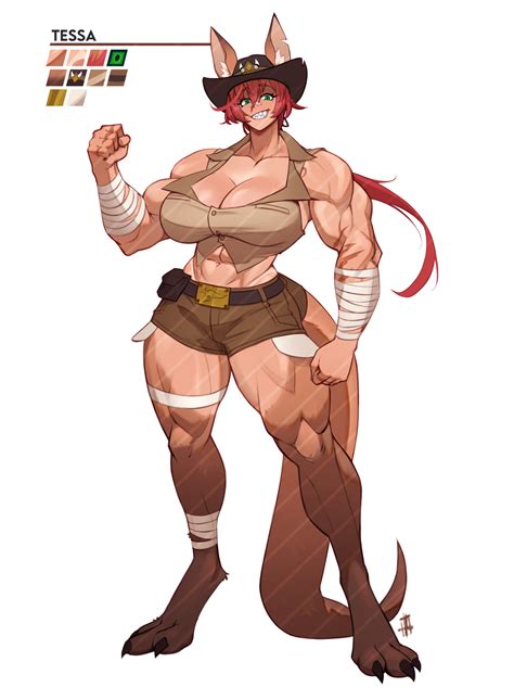 Okasbasement Original Highres 1girl Abs Biceps Breasts Green Eyes Kangaroo Ears