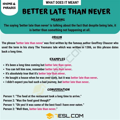 Better Late Than Never Meaning Origin And Examples • 7esl