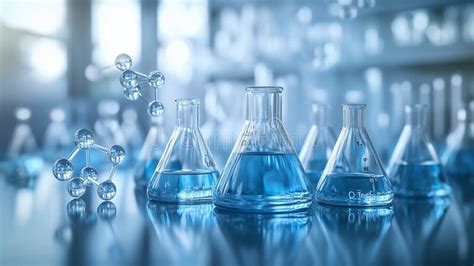Laboratory Glassware With Blue Liquid And Molecular Structure Model