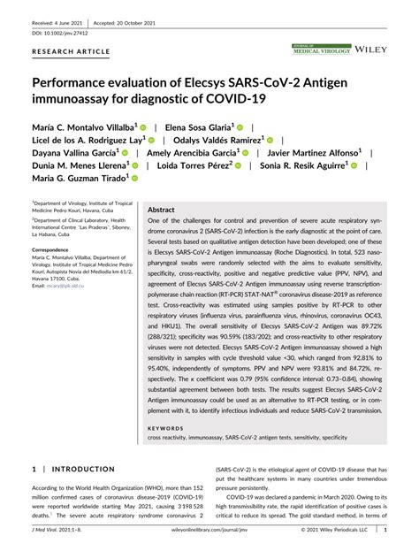 Pdf Performance Evaluation Of Elecsys Sars‐cov‐2 Antigen Immunoassay