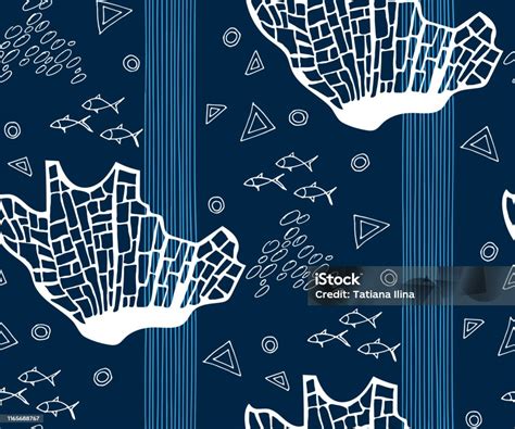 손으로 그린 수중 자연 바다 요소 암초 산호와 원활한 패턴 벡터 스케치 껍데기에 대한 스톡 벡터 아트 및 기타 이미지 껍데기