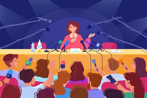회의 테이블에서 연사 마이크를 가진 정치인 언론 보도 군중 기자 포럼 강당에서 언론 인터뷰 공식 대중 연설 벡터 삽화 가공의 인물에 대한 스톡 벡터 아트 및 기타 이미지