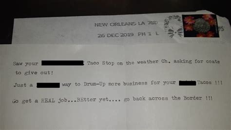 ‘its Not Going To Scare Me Taco Stop Gets Racist Mail In Response To