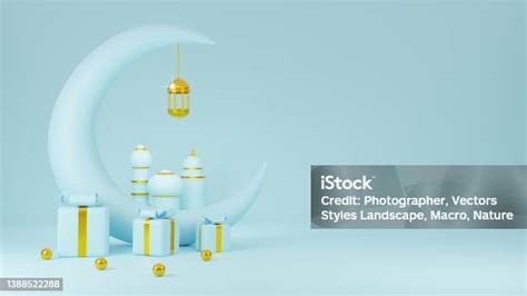 라마단 카림 블루 모스크 돔과 파란색 배경에 선물 상자와 금달을 디자인합니다 3d 렌더링 이슬람교에 대한 스톡 사진 및 기타