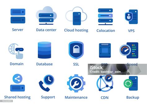 Cdn 및 Ssl에 공유된 코로케이션 서버 Vpn에서 설정된 웹 호스팅 서비스 아이콘 아이콘에 대한 스톡 벡터 아트 및 기타