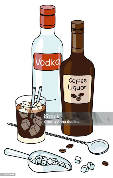 낙서 만화 블랙 러시아어 칵테일과 재료 구성 보드카 병 커피 리큐어 및 얼음 특종 바 메뉴 스티커 또는 알코올 요리 책 조리법 결정체에 대한 스톡 벡터 아트 및 기타 이미지