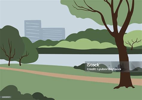 호수 나무 흙길이 있는 경치 좋은 공원 풍경 나뭇잎 뒤에서 엿볼 수 있는 도시 건물이 있는 자연에서 영감을 받은 디자인 편안한 녹지 공간 플랫 벡터 그림입니다 0명에 대한