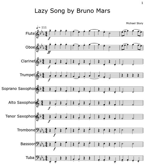 Lazy Song By Bruno Mars Sheet Music For Flute Oboe Clarinet Trumpet Soprano Saxophone