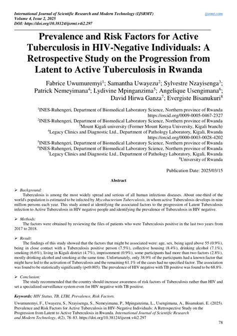 Pdf Prevalence And Risk Factors For Active Tuberculosis In Hiv Negative Individuals A