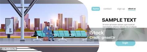 사업가 앉아 현대 버스 정류장 아프리카계 미국인 비즈니스 남자 여행 가방 대기 대 중 교통 공항 역 도시 풍경 배경 평면 수평 전체 길이 복사 공간 택시에 대한 스톡 벡터