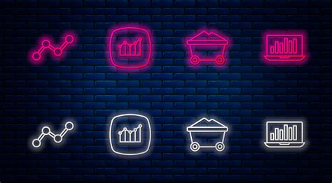 라인 재무 성장 탄광 트롤리 그래프 차트 인포그래픽 및 노트북을 설정합니다 벽돌 벽에 빛나는 네온 아이콘 벡터 0명에 대한 스톡