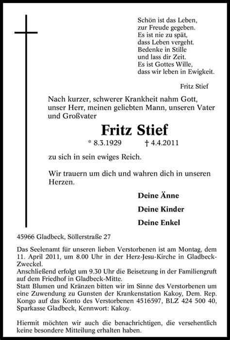 Traueranzeigen Von Fritz Stief Trauer In Nrwde