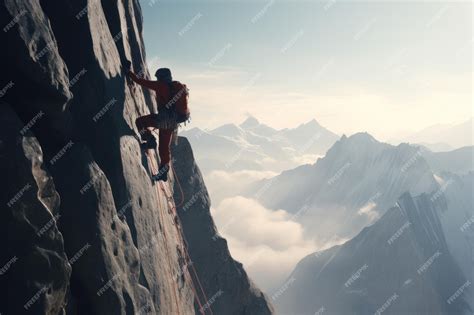 Premium Photo Climber Ascending Mountain With Rope