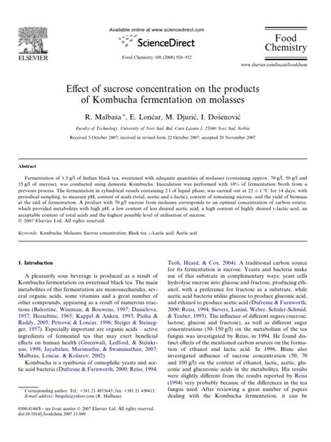 Effect Of Sucrose Concentration On The Products Of Kombucha Fermentation On Molasses Pdf