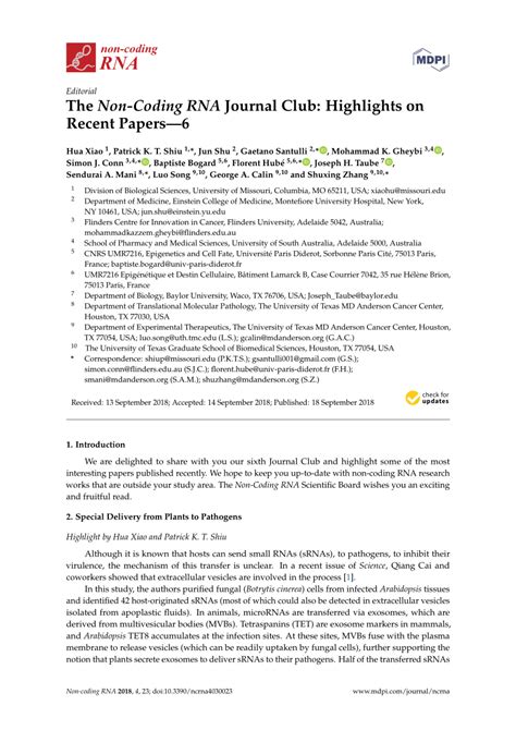 PDF The Non Coding RNA Journal Club Highlights On Recent Papers