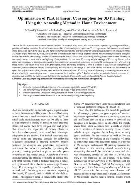 pdf optimisation of pla filament consumption for 3d printing using the annealing method in