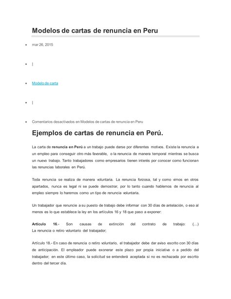 Modelos De Cartas De Renuncia En Peru Docx