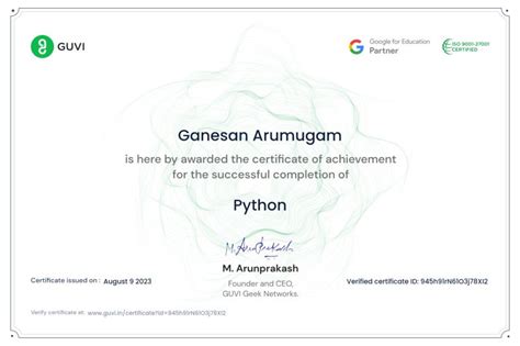 Ganesan Arumugam On Linkedin Python Certification Guvi Programming