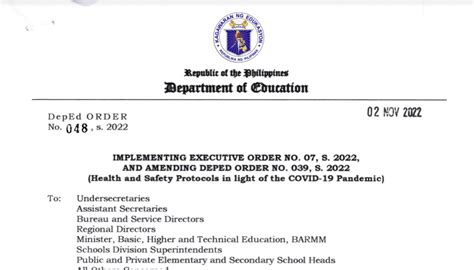 Deped Order No 048 S 2022 Implementing Executive Order No 07 S 2022 And Amending Deped
