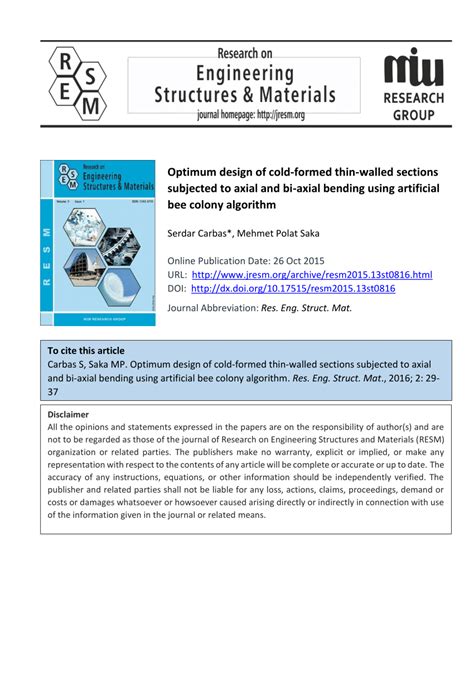 PDF Optimum Design Of Cold Formed Thin Walled Sections Subjected To Axial And Bi Axial Bending