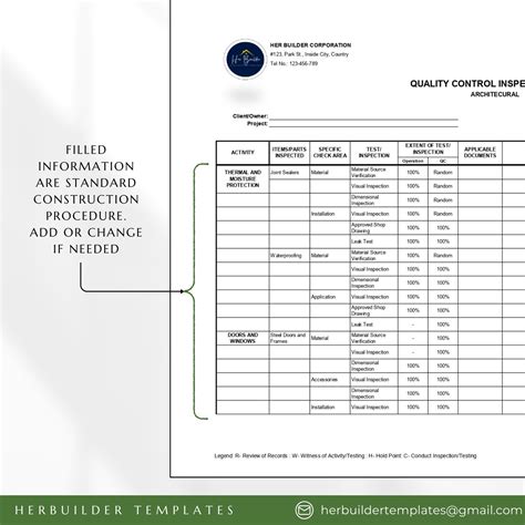 Quality Control Inspection Plan Template For Architectural Works
