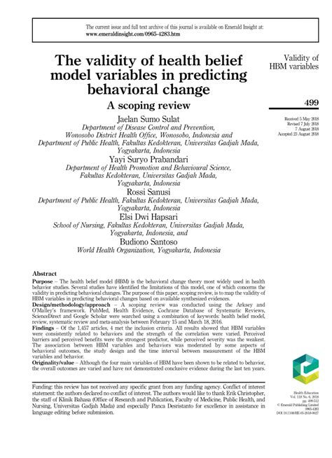 The Validity Of Health Belief Model Variables In Predicting Behavioral Change A Scoping Review