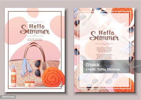 전단지 템플릿에는 여름 액세서리가 들어 있습니다 고리 버들 세공 가방 수건 자외선 차단제 해변 분위기 여름철 배너 포스터 여름 파티 배경 광고 홍보 초대장 0명에 대한 스톡
