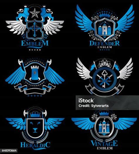 명품 전 령 벡터 템플릿 집합입니다 벡터 기호 Blazons 그래픽 요소 로얄 크라운 중세 성곽 병기 및 종교 십자가 사용 하 여 만든 컬렉션입니다 구도에 대한 스톡 벡터