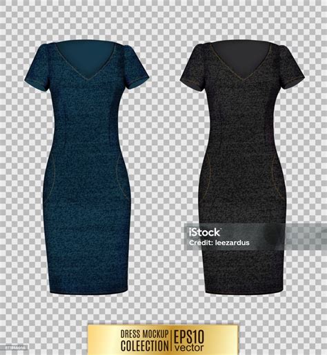 데님 드레스 세트입니다 여자의 복장 이랑 컬렉션입니다 현실적인 벡터 일러스트입니다 완전 편집 가능한 수 제 메쉬입니다 짧은 소매와 클래식 드레스 0명에 대한 스톡 벡터 아트