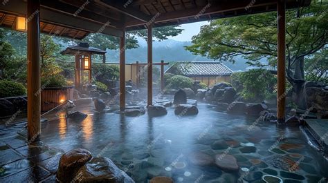 A Traditional Japanese Onsen Hot Spring Bath With Steam Rising From The