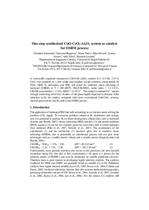 Pdf One Step Synthesized Cuo Ceo2 Al2o3 System As Catalyst For Osrm Process