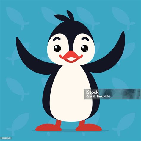 함께 서 있는 귀여운 펭귄 날개 발생 합니다 북극 조류의 벡터 그림 행복 한 감정입니다 Emoji 미소 스마일 아이콘입니다 인쇄 채팅 통신입니다 파란색 배경에 플랫 만화