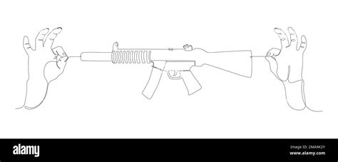 One Continuous Line Of Two Hand Holding A String With Machine Gun Thin Line Illustration Vector