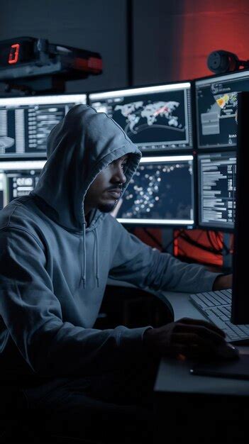 Male Hacker In A Hood Works On A Computer With Maps And Data On Display