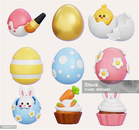 다양한 질감의 부활절 달걀 세트 당근 컵 케이크 토끼 및 아기 병아리 행복한 부활절 장식 아이콘입니다 3d 렌더 그림 0명에 대한 스톡 사진 및 기타 이미지 Istock