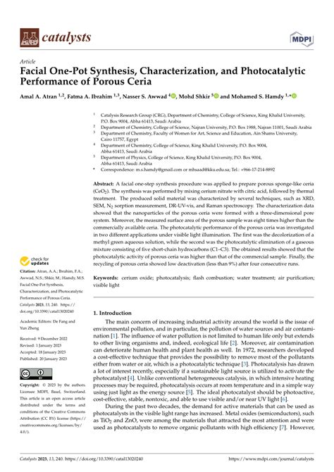 Pdf Facial One Pot Synthesis Characterization And Photocatalytic Performance Of Porous Ceria