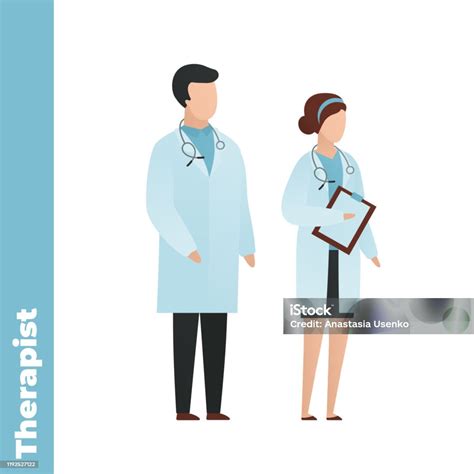 유행 플랫 의료 캐릭터 벡터 플랫 일러스트 레이션입니다 흰색 배경에 고립 된 남성과 여성 의사 팀의 집합 코트 유니폼 청진기 및 태블릿 폴더 치료 부서 개념에 대한 스톡