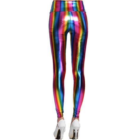 Hgycpp Womens Hologram Metallic Rainbow Leggings Glitter Neon Tights