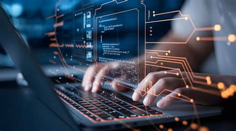 Programmer Typing Code On Laptop With Circuit Board Overlay Stock Illustration Illustration Of