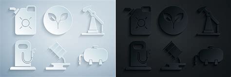 배럴 오일 누출 오일 펌프 또는 펌프 잭 휘발유 주유소 산업 공장 건물 바이오 연료 및 모터 아이콘용 캐니스터를 설정합니다 벡터