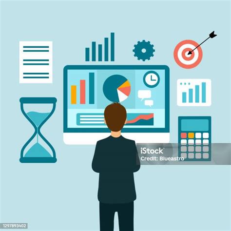 사업가 투자자 및 비즈니스 마케팅 계획 개념 재무 차트 평면 설계의 데이터 분석 벡터 컴퓨터 화면에 재무 보고서 계산기에 대한 스톡 벡터 아트 및 기타 이미지 Istock